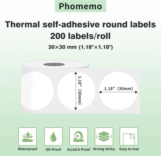 Rond Zelfklevend Thermisch Label 30x30 mm - 200 Etiketten per Rol ...