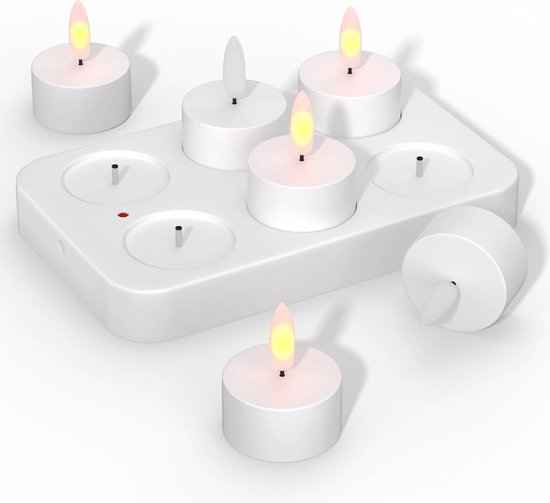 6 Stuks Vlamloze LED Theelichtjes - Oplaadbare Kaarsen met Laadstation ...
