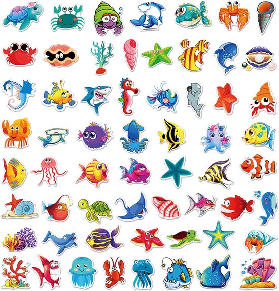 Schattige Zeedieren Stickers - 50 stickers 3x4CM - Vissen, Zeester, Kwal, Octupus,... | bol