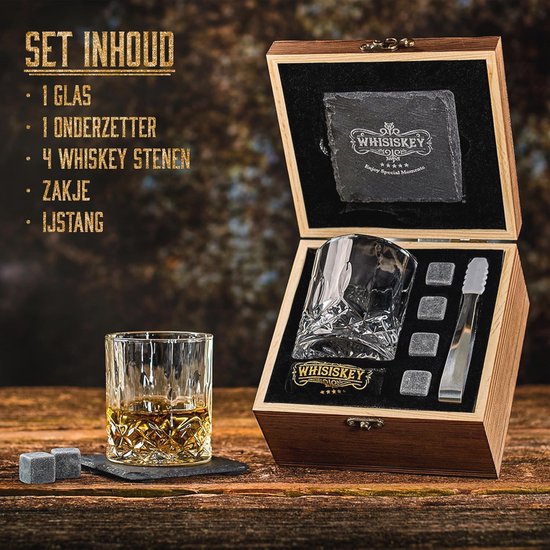 Luxe Whiskey Set met 4 Whiskey Stones, Whiskey Glas, Onderzetters en ...
