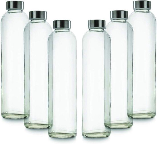 Glazen waterflessen - Set van 6 - Eos model 750 ml - Roestvrijstalen ...