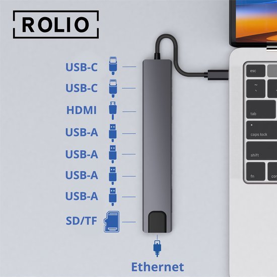 Rolio USB C Hub - 10 in 1 Hub - 1x HDMI 4K - 1x Ethernet - 2x USB-C - 4x USB-A - 2x... | bol