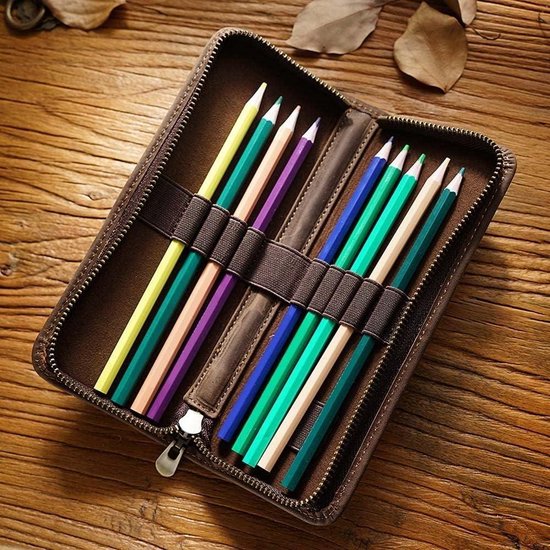 Leren pennenetui met ritssluiting - vintage stijl - grote capaciteit ...