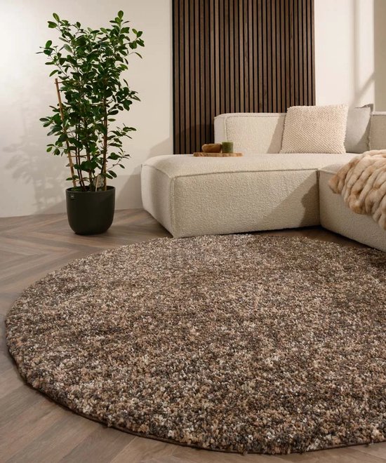 Rond hoogpolig vloerkleed - Blend beige/grijs 160 cm rond | bol