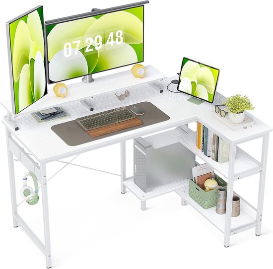 Hoekbureau Wit Reversibel L-vormig Bureau met Plank - 120 x 80 x 88 cm ...