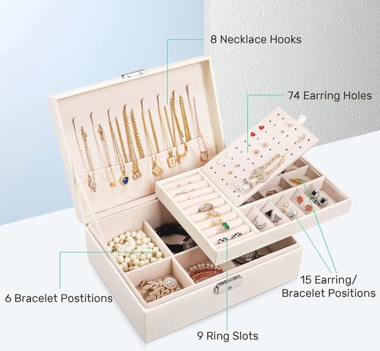 Elegante 2-laags Sieradendoos voor Dames - PU-leer, Groot voor Ringen ...