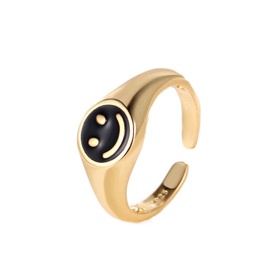 Smiley ring Goud - Zwart - ring maat 17 - Ring Smile - Ring Emoji - Smileyring | bol