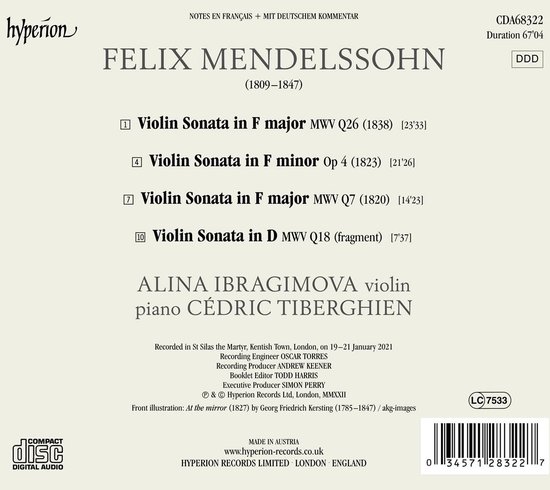 Alina Ibragimova & Cedric Tiberghien - Mendelssohn: Violin Sonatas (CD ...