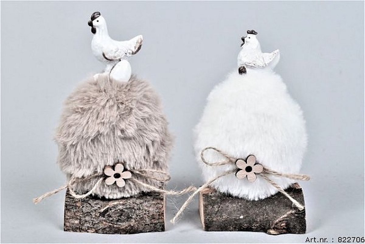 Kip op fluffy ei - boomstam Koppel kippen - Hoogte 17 cm - Paas ...