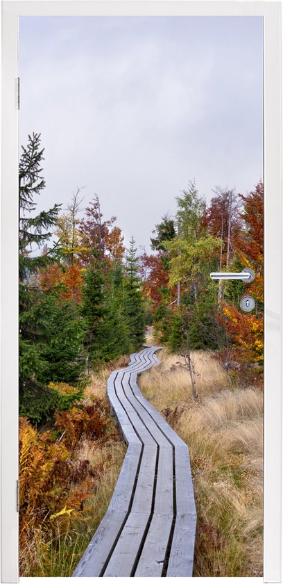 Deursticker Houten loopbrug door de natuur in het Nationaal Park ...