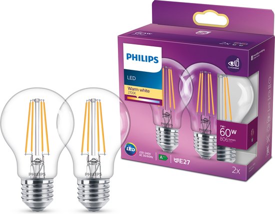 Philips energiezuinige LED Lamp Transparant - 60 W - E27 - warmwit licht - 2 stuks -... | bol