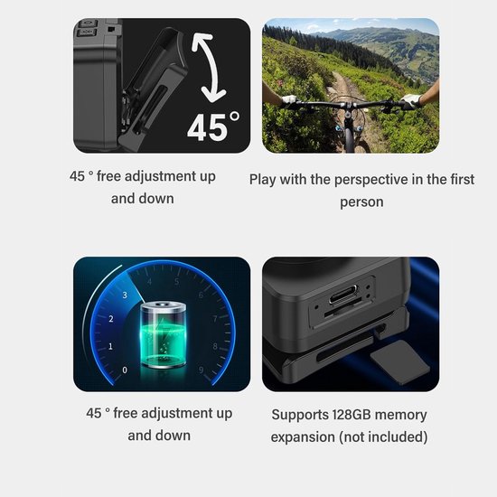 1080P voorkantcamera, 45° verstelbare actiecamera, draagbaar met LED ...
