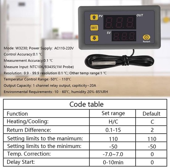 Digitale temperatuurregelaar 20A LED-display - W3230 AC 110V-220V thermostaat met NTC... | bol