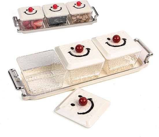 Snack Serving Plate with Lid and Handle - 3 Compartment Snack Bowl Set ...