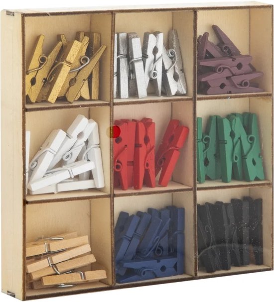 Mini Houten Wasknijpers doosje 54 stuks - 9 Verschillende kleuren 2,5 ...