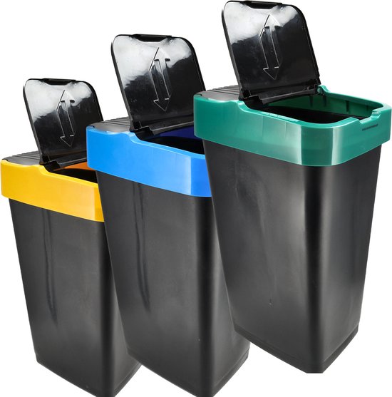 Prullenbakken Set van 3 - 60L Zwarte Sorteerbakken met Geel, Blauw ...