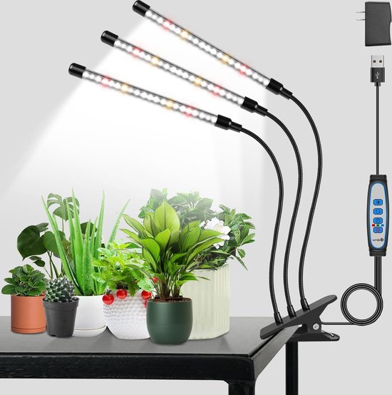 Full Spectrum 6000K 3 Head LED Plant Grow Light - Automatic On/Off ...