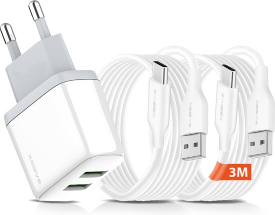 Telefoon Oplader 2 Poorten met Oplaadkabels - 3 Meter - USB naar USB-C ...