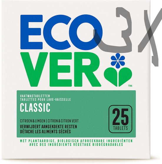 Ecover Vaatwastabletten Classic - Verwijdert Aangekoekte Resten - 75 Stuks ( 3X25 Stuks) | bol