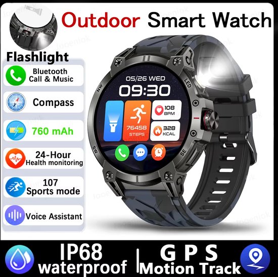 Militaire Smartwatch voor Mannen - 1.8'' HD Scherm, 760mAh Batterij ...