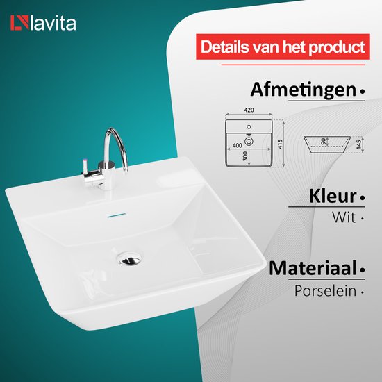 LAVITA® Opzetwastafel CABRERA Rechthoekig Keramische Wastafel voor ...