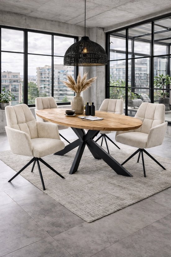 Ovale Eettafel 190 cm Mangohout Naturel met 4 Draaibare Beige ...