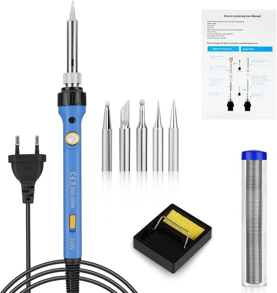 Soldeerbout Set 60W met Instelbare Temperatuur (200-480°C) en 5 Koppen ...