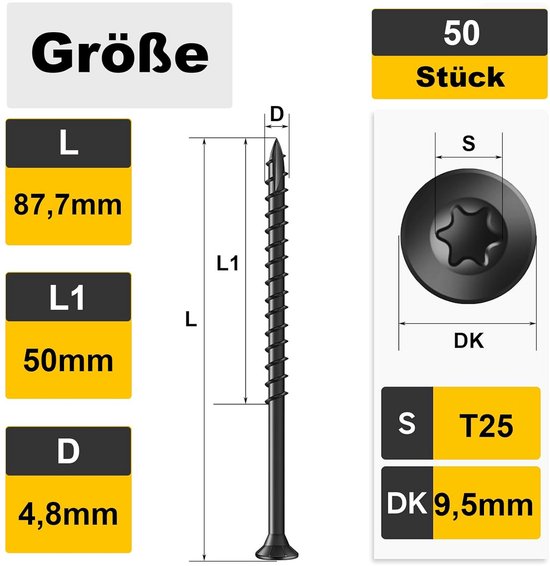 50x Houtschroeven Torx 4.8x90mm Zwart Verzonken Kop Universeel voor ...