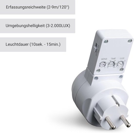 Tussenstekker PIR Bewegingsmelder - Programmeerbare Schuko Stekker voor ...
