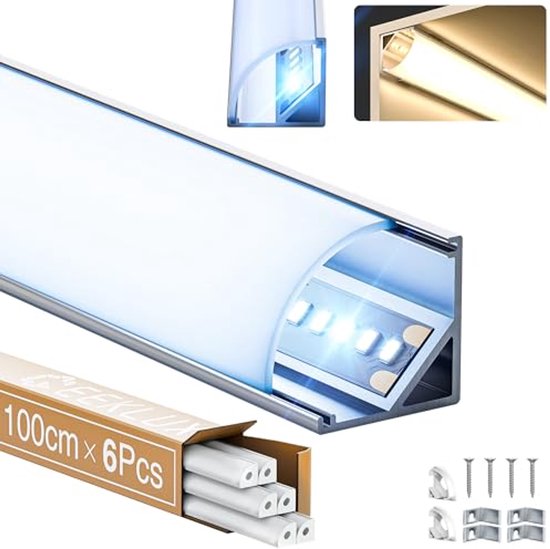 Hoekprofielen van aluminium voor LED-strips - 6 x 1 meter, Max. 10 mm | bol