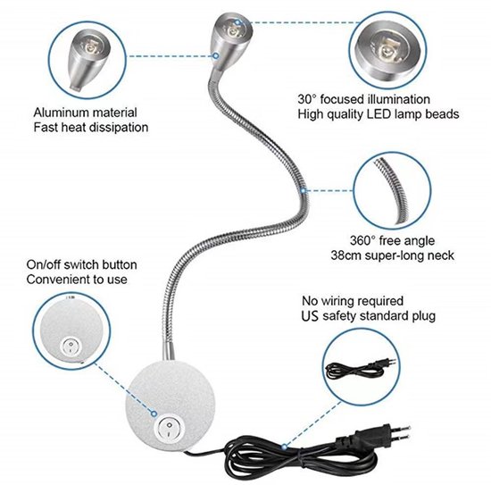 Leeslamp, 360° flexibele LED-wandlamp Leeslamp Wit Warm 3000K Aluminium ...