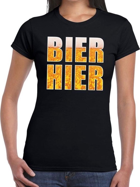 Bier Hier tekst t-shirt zwart dames - feest shirt Bier hier voor dames ...