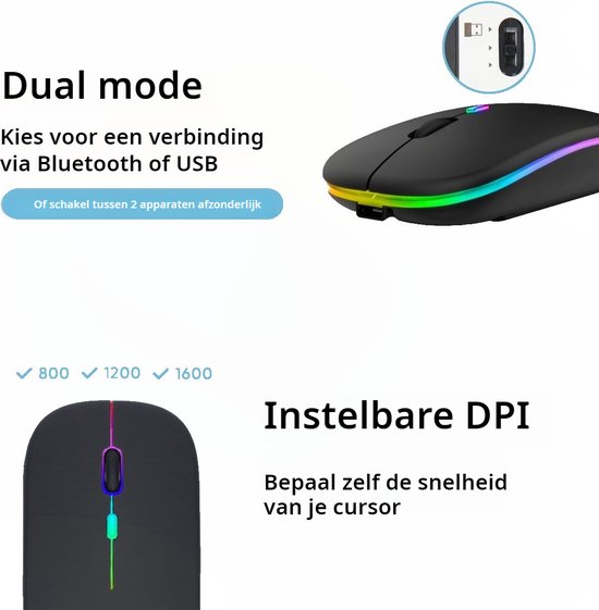WiREO NeonClick™ Draadloze Bluetooth & USB Muis - Oplaadbare Muis - RGB ...