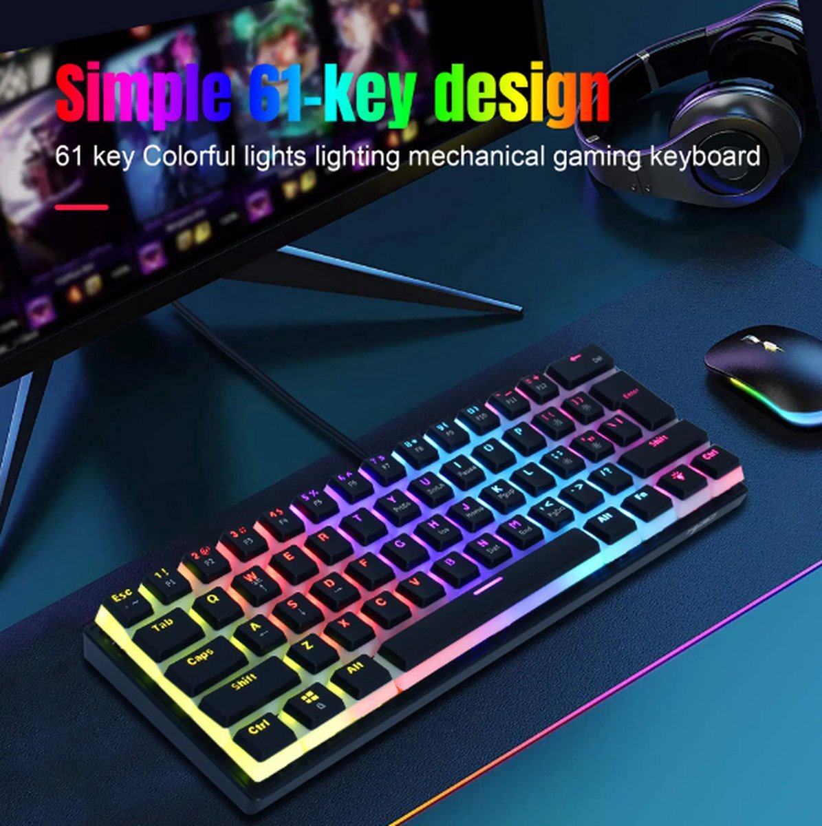 Magee Gaming Toetsenbord Mini 60% - RGB Verlicht 61 Toets Ultra-Compact ...