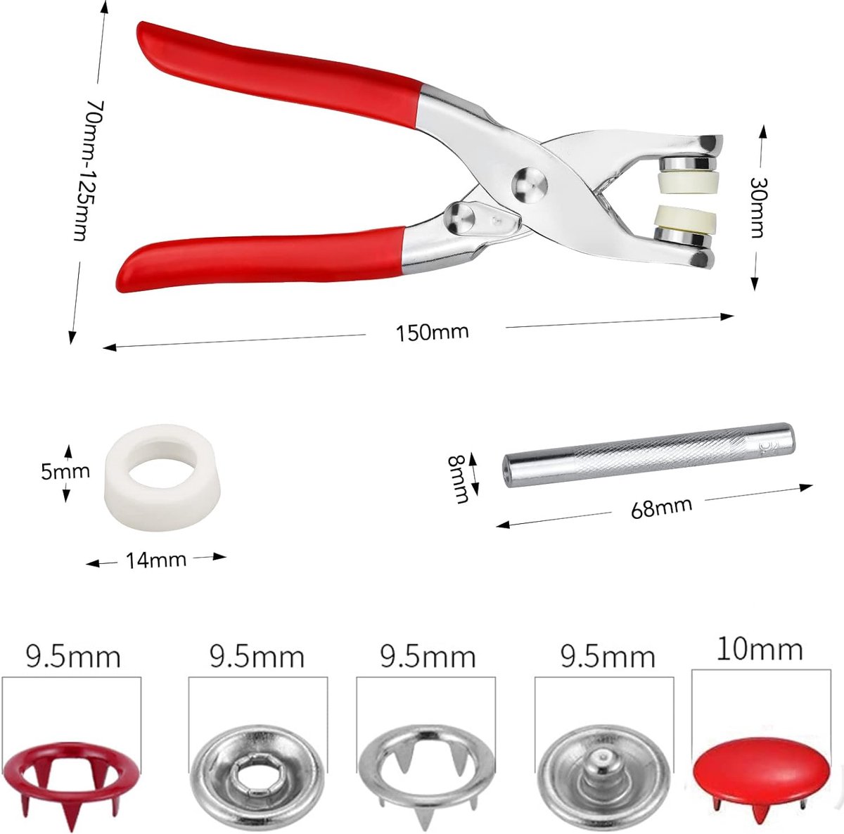 Set van 200 drukknopen met tang, metalen ring, drukknop, 9,5 mm, jersey ...