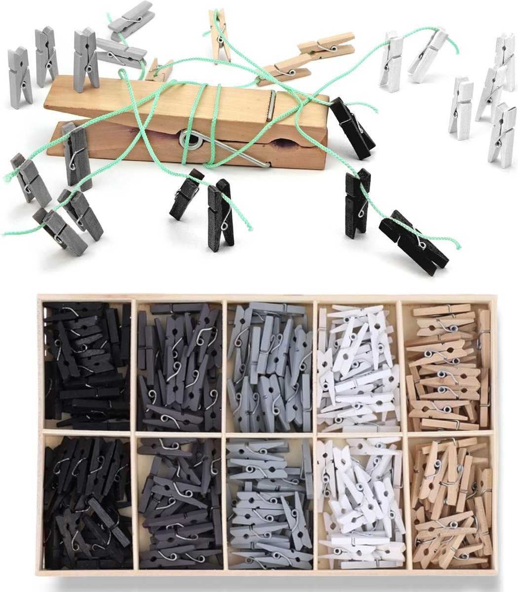 Mini-wasknijpers, hout, 25 mm, met opbergdoos, 200 stuks | bol