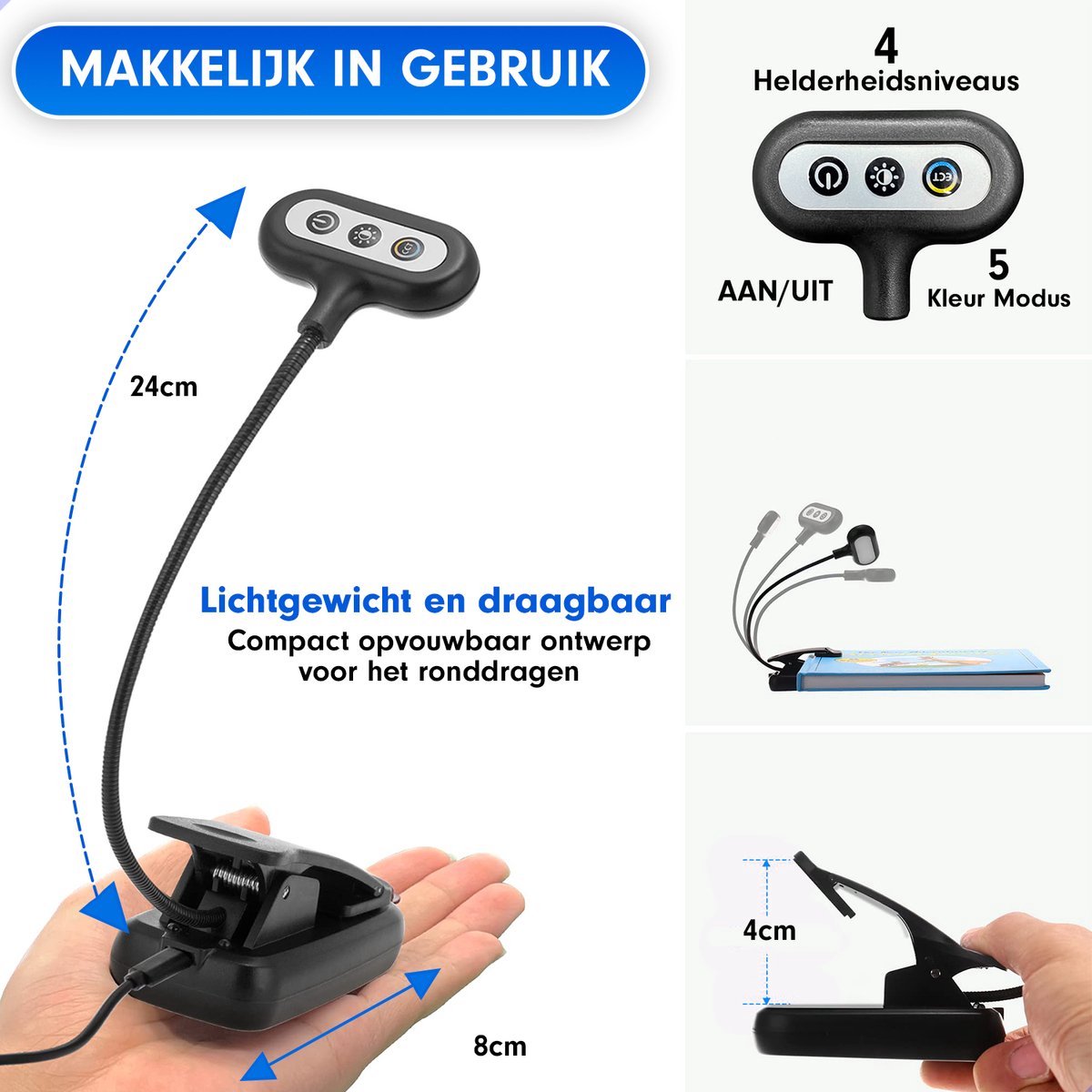 Shine- Leeslampje Usb Oplaadbaar met klem - Boek Leeslamp - 5 Standen ...