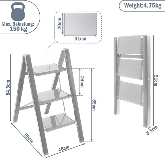 Trapladder Opvouwbare ladder 3 Treden Keukentrap Inklapbaar - Anti-Slip ...