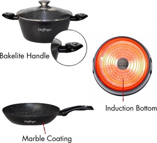 Cheffinger CF-FA1010-BLK: 10-delige pannenset met marmercoating | bol