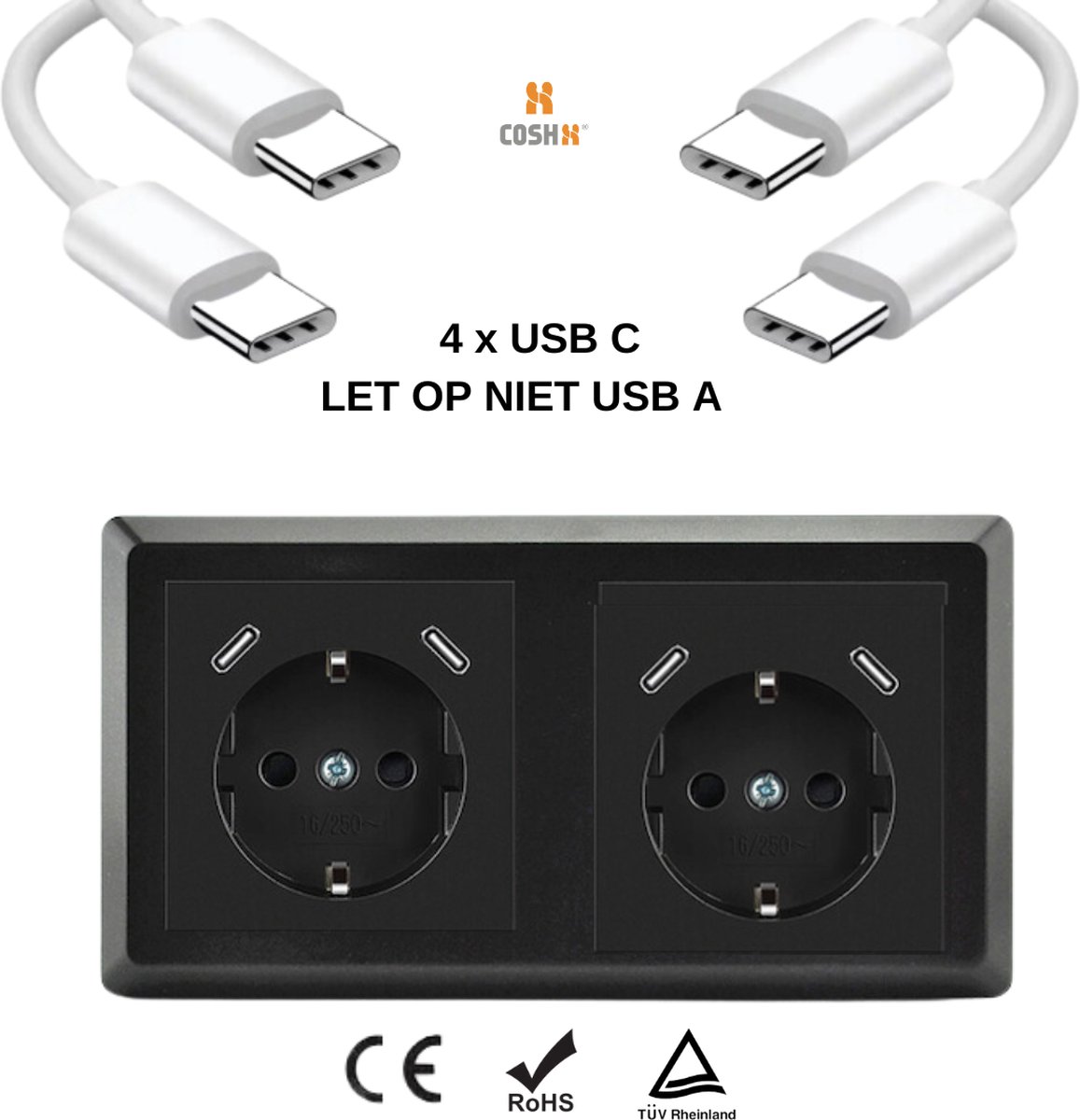 CoshX® - Dubbel USB stopcontact zwart met 4 x USB C inbouw ...