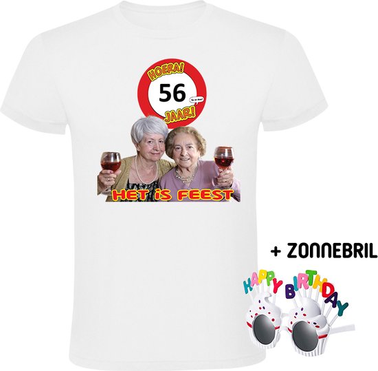 Hoera 56 jaar! Het is feest Heren T-shirt + Happy birthday bril ...
