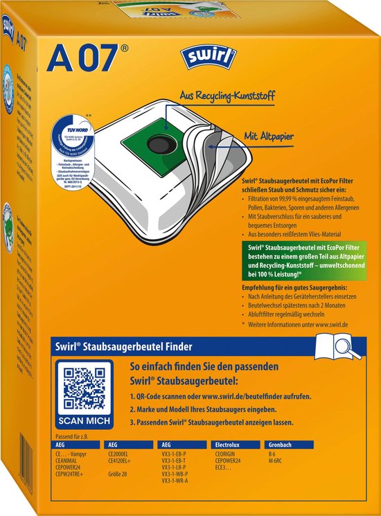 Swirl A07 stofzuigerzakken - 4 stuks + 1 filter - Geschikt voor AEG ...
