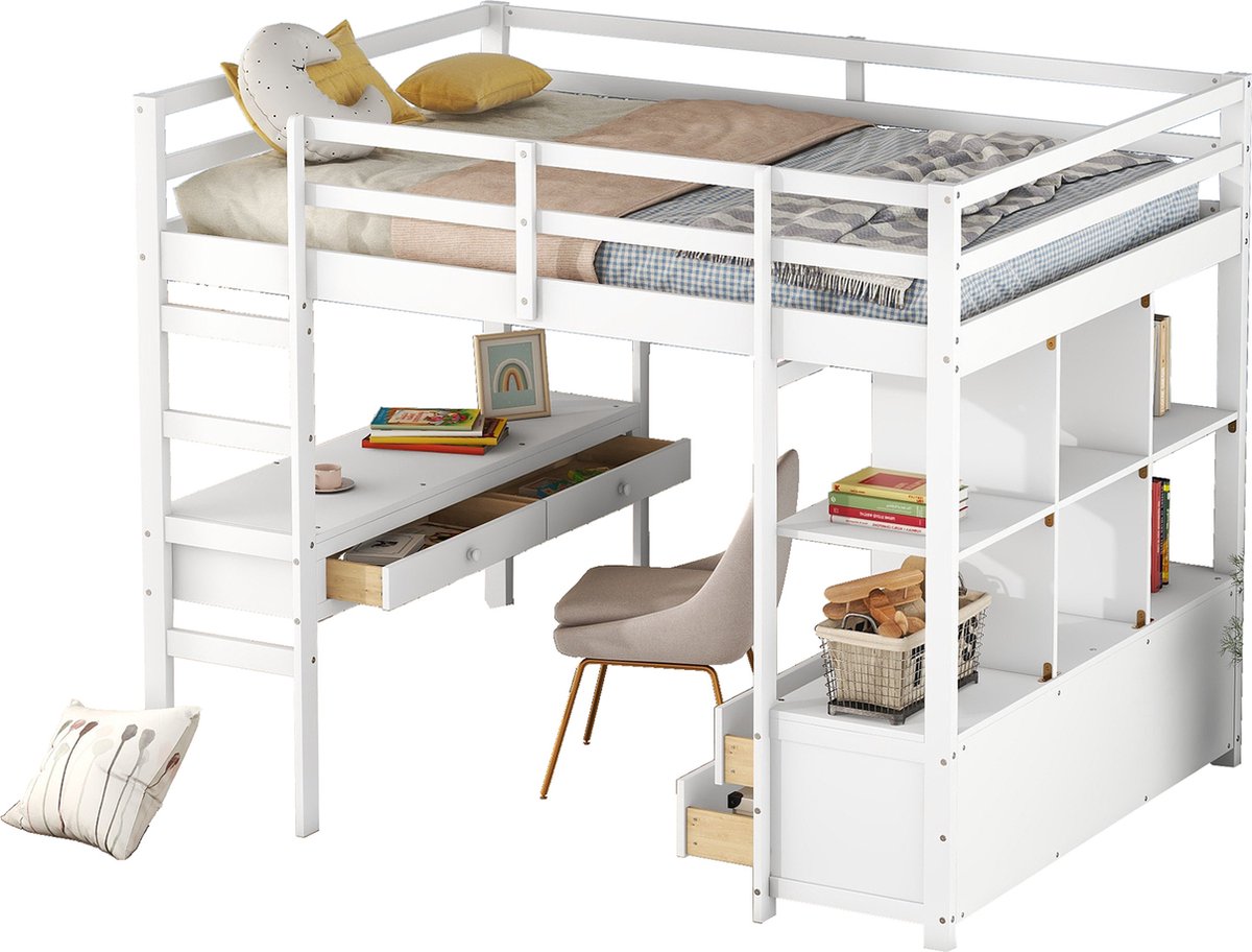 Merax Hoogslaper 140x200 - Kinderbed met Bureau en Opbergruimte - Bed ...