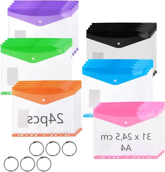Documentenmap A4 premium transparant - 24 stuks - 6 kleuren - 11 ...