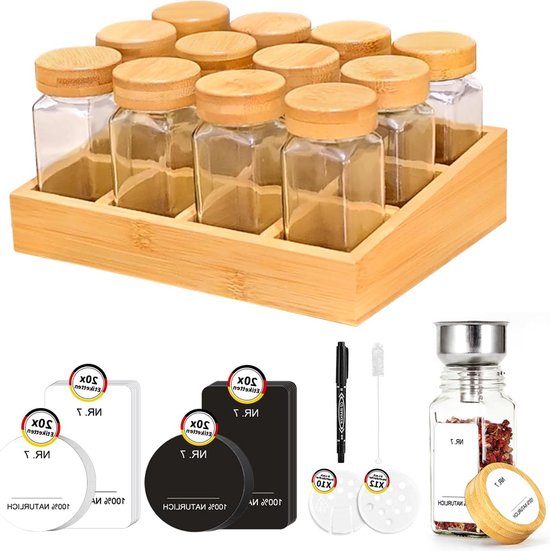 Bamboo Spice Rack for Kitchen Cabinet and Worktop - 12 Empty Spice Jars ...