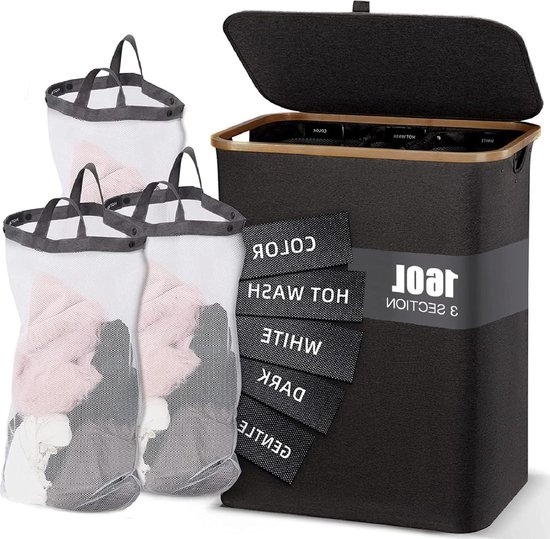 Wasmand met deksel - hoge wasmand van bamboe - opvouwbare waszak - XXL ...