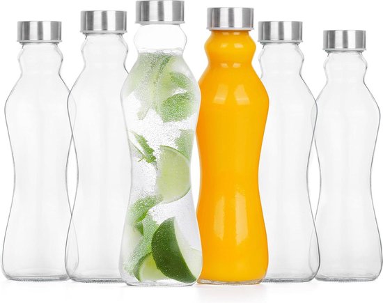 Glazen Water Fles Set 530 ml - 6 Pak Herbruikbare Flessen met Roestvrij ...