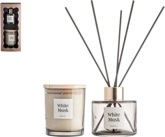 GUSTA - Giftset Kaars en diffuser - Witte Muskus - Ø 7 x 8 cm | bol