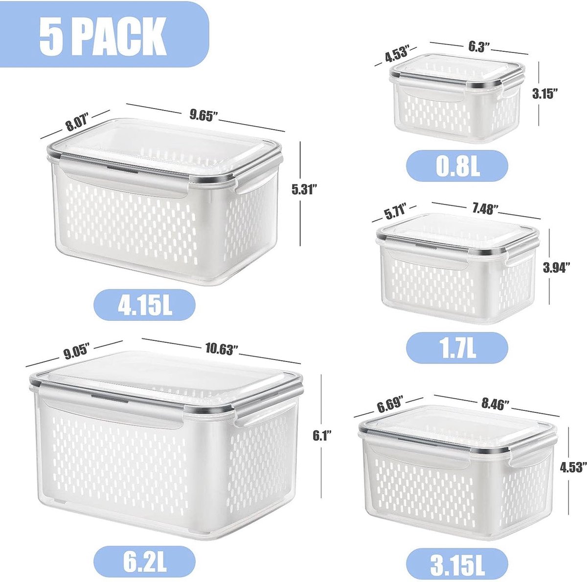 Vershouddozen voor groenten en fruit, met deksel en afdruipzeef, 5 ...