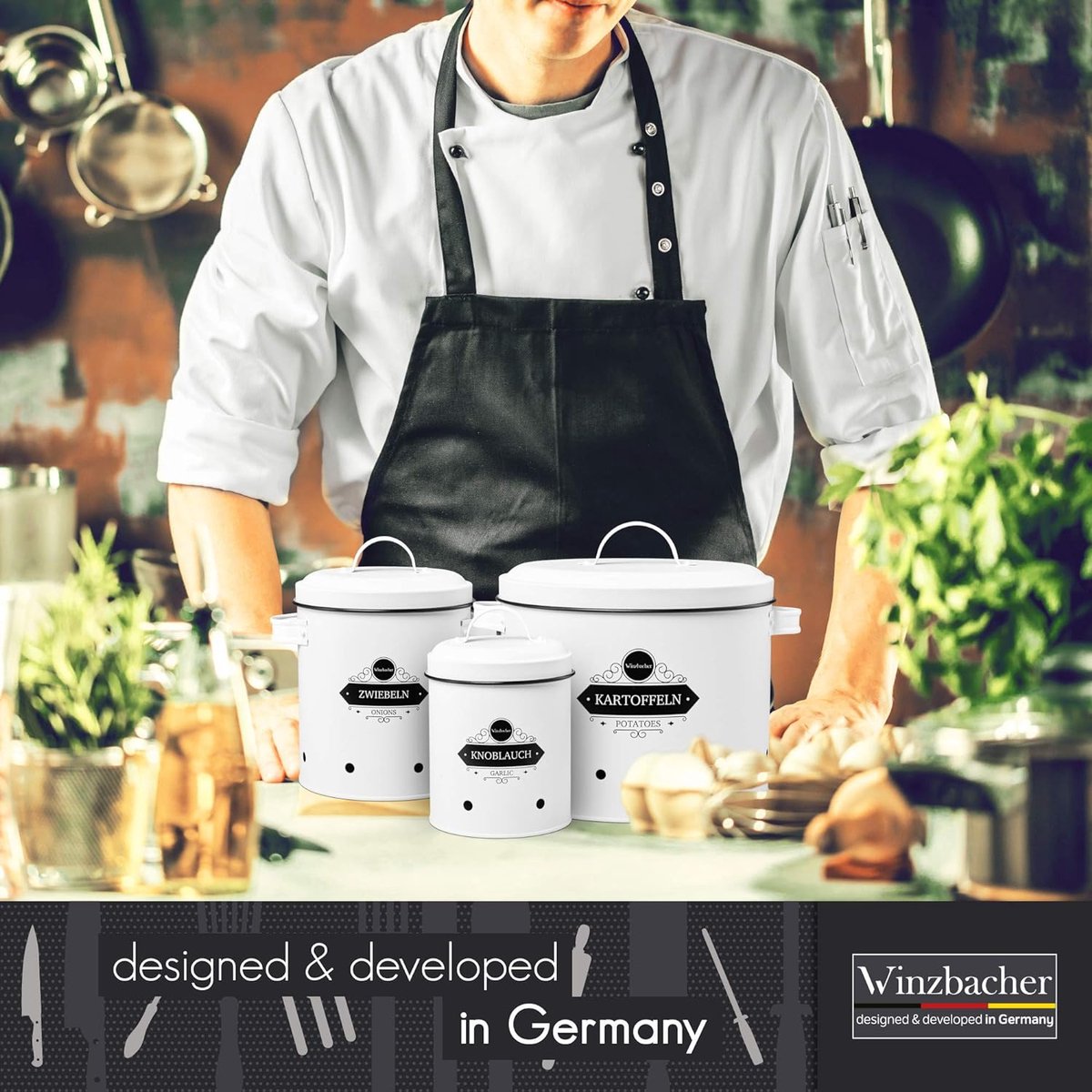 Set van 3 voorraaddozen voor aardappelen, ui en knoflook, 360 graden ...